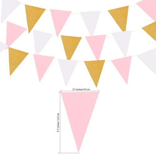 MerryNine Triangle Flag Bunting Banner, 3 Pack 30 Feet Vintage Style Pennant Banner for Wedding, Baby Shower, Event & Party Supplies 45pcs Flags (Triangle Flag - Pink White Gold Glitter)