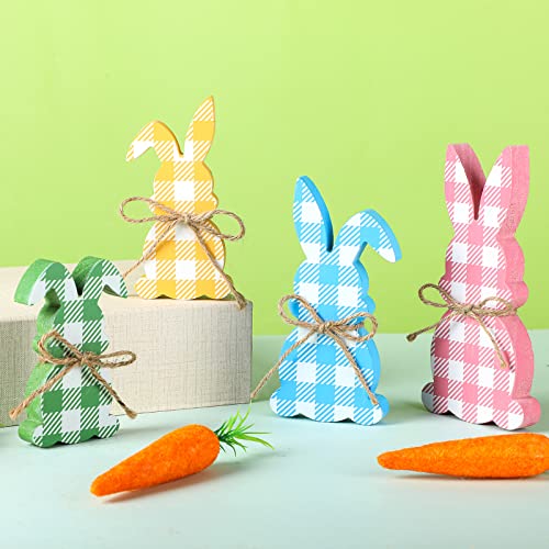 4 Pcs Easter Table Wooden Signs Bunny Shaped Freestanding Centerpiece Signs Buffalo Plaid Tiered Tray Wood Easter Bunnies Reversible Double Printed Bunny Table Decor with Jute Rope for Easter Party