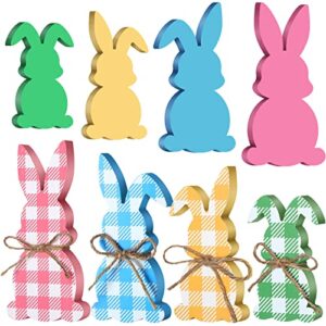 4 Pcs Easter Table Wooden Signs Bunny Shaped Freestanding Centerpiece Signs Buffalo Plaid Tiered Tray Wood Easter Bunnies Reversible Double Printed Bunny Table Decor with Jute Rope for Easter Party