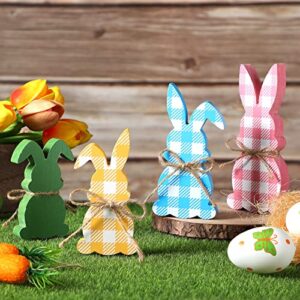 4 Pcs Easter Table Wooden Signs Bunny Shaped Freestanding Centerpiece Signs Buffalo Plaid Tiered Tray Wood Easter Bunnies Reversible Double Printed Bunny Table Decor with Jute Rope for Easter Party