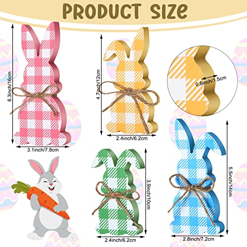 4 Pcs Easter Table Wooden Signs Bunny Shaped Freestanding Centerpiece Signs Buffalo Plaid Tiered Tray Wood Easter Bunnies Reversible Double Printed Bunny Table Decor with Jute Rope for Easter Party