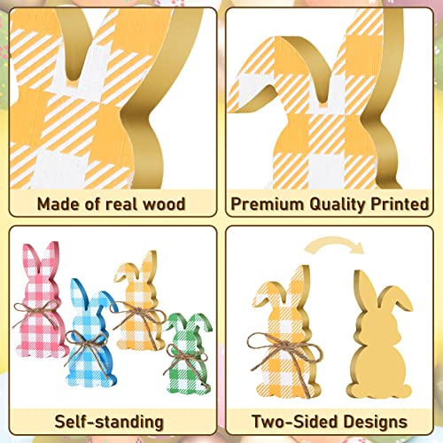 4 Pcs Easter Table Wooden Signs Bunny Shaped Freestanding Centerpiece Signs Buffalo Plaid Tiered Tray Wood Easter Bunnies Reversible Double Printed Bunny Table Decor with Jute Rope for Easter Party