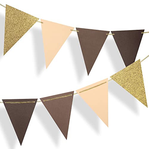 Fonder Mols Paper Pennant Party Decorations Coffee Brown Gold(10 Feet), Triangle Flags Bunting for Neutral Gender Reveal Party Birthday Baby Shower Classroom Nursery Wall Backdrop