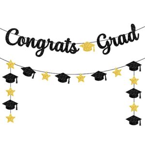 congrats grad banner, black glitter – 10 feet and cap garland, no diy | graduation banner, college graduation decorations | black and gold graduation party decorations 2023 | congratulations banner