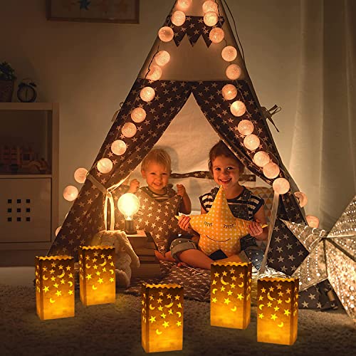 Stmarry 50 pcs White Luminary Candle Bags Special Lantern Luminary Bag with Stars Moon Durable and Reusable Fire-Retardant Material for Wedding Valentine's Day Decor Engagement Event Marriage Proposal