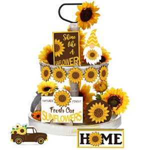 Sunflower Tiered Tray Decor Summer Farmhouse Mini Wood Signs House Shaped Table DecorSunflower Decor for Party Home Kitchen Holiday (Sunflower, 12 Pcs)