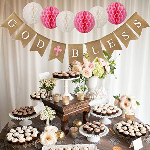 Baptism Decorations for Girls with 6pcs Paper Honeycombs, Baptism Banner Confirmation Communion Decorations