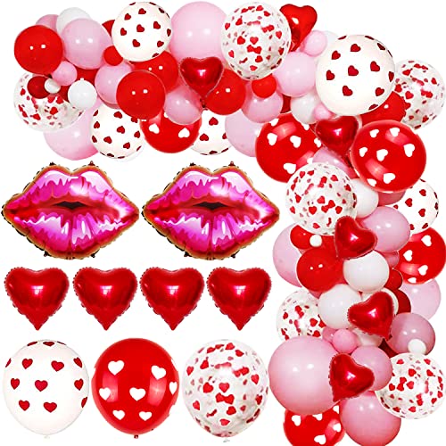 Valentines Day Balloon Garland Arch Kit, 113Pcs White Pink Red Balloons Red Heart Confetti Balloons with Red Heart Lip Mylar Foil Balloons for Valentines Day Proposal Engagement Wedding Party Decorations