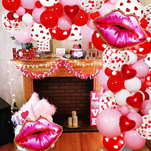 Valentines Day Balloon Garland Arch Kit, 113Pcs White Pink Red Balloons Red Heart Confetti Balloons with Red Heart Lip Mylar Foil Balloons for Valentines Day Proposal Engagement Wedding Party Decorations