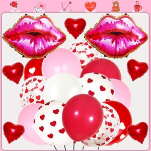 Valentines Day Balloon Garland Arch Kit, 113Pcs White Pink Red Balloons Red Heart Confetti Balloons with Red Heart Lip Mylar Foil Balloons for Valentines Day Proposal Engagement Wedding Party Decorations