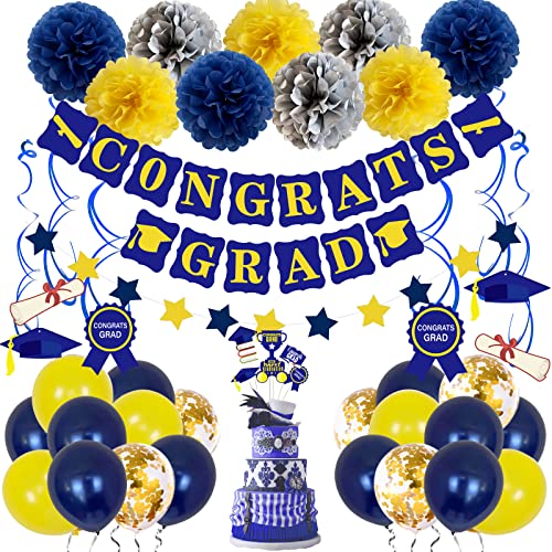 Graduation Decorations, 2023 Grad Party Supplies Blue Yellow CONGRATS GRAD Banner Hanging Swirls Tissue Pom Poms Cupcake Toppers Party Balloons for School Celebration Grad Photo Booth Props