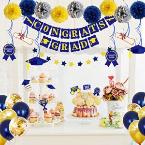 Graduation Decorations, 2023 Grad Party Supplies Blue Yellow CONGRATS GRAD Banner Hanging Swirls Tissue Pom Poms Cupcake Toppers Party Balloons for School Celebration Grad Photo Booth Props