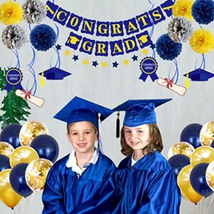 Graduation Decorations, 2023 Grad Party Supplies Blue Yellow CONGRATS GRAD Banner Hanging Swirls Tissue Pom Poms Cupcake Toppers Party Balloons for School Celebration Grad Photo Booth Props