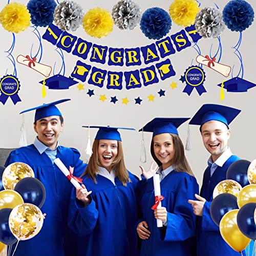 Graduation Decorations, 2023 Grad Party Supplies Blue Yellow CONGRATS GRAD Banner Hanging Swirls Tissue Pom Poms Cupcake Toppers Party Balloons for School Celebration Grad Photo Booth Props