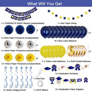 Graduation Decorations, 2023 Grad Party Supplies Blue Yellow CONGRATS GRAD Banner Hanging Swirls Tissue Pom Poms Cupcake Toppers Party Balloons for School Celebration Grad Photo Booth Props