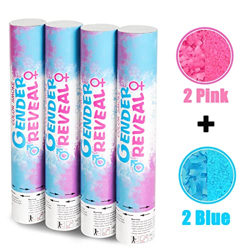 PFXNJDEQ Gender Reveal Confetti Powder Cannon, 2 Blue and 2 Pink, 12 Inch, 100% Biodegradable Powder and Confetti, Gender Reveal Decorations, Gender Reveal Party Game Ideas (Blue and Pink)