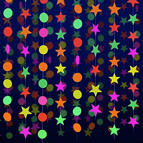 90ft Paper UV Round Neon Garland Stars Neon Streamers Black Light Decorations for Glow Party Supplies and Decorations UV Reactive Neon Party Favors Glow in The Dark Party