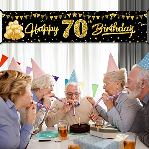 Happy 70th Birthday Banner Decorations for Women Men, Black Gold 70 Birthday Sign Party Supplies, Funny 70 Year Old Theme Birthday Party Backdrop Decor for Indoor Outdoor