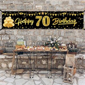 Happy 70th Birthday Banner Decorations for Women Men, Black Gold 70 Birthday Sign Party Supplies, Funny 70 Year Old Theme Birthday Party Backdrop Decor for Indoor Outdoor