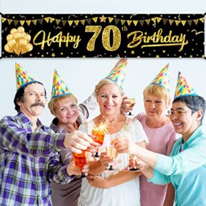 Happy 70th Birthday Banner Decorations for Women Men, Black Gold 70 Birthday Sign Party Supplies, Funny 70 Year Old Theme Birthday Party Backdrop Decor for Indoor Outdoor