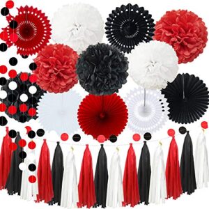 inby 29pcs red black white mickey minnie mouse ladybug birthday wedding baby shower bachelorette party decoration kit – 12″ 10″ tissue paper pom pom, tassel garland, circle dot garland, paper fan