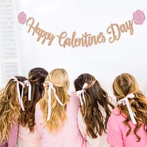 Happy Galentine's Day Banner Rose Gold Glitter Pink Rose Party Decorations Be My Galentine Theme Ideas Valentine's Favors Girls Gathering Photo Booth Props Ladies Celebration Brunch Backdrop Supplies