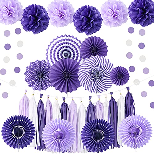 Auihiay 32 Pieces Purple Party Decoration Include Paper Fans, Tissue Paper Pom Poms, Circle Dot Garland and Tissue Paper Tassel for Birthday Wedding Baby Shower Bridal Shower Girls Women Party