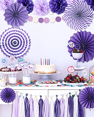 Auihiay 32 Pieces Purple Party Decoration Include Paper Fans, Tissue Paper Pom Poms, Circle Dot Garland and Tissue Paper Tassel for Birthday Wedding Baby Shower Bridal Shower Girls Women Party