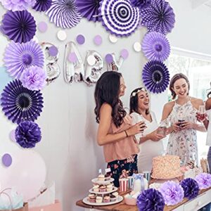 Auihiay 32 Pieces Purple Party Decoration Include Paper Fans, Tissue Paper Pom Poms, Circle Dot Garland and Tissue Paper Tassel for Birthday Wedding Baby Shower Bridal Shower Girls Women Party