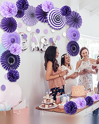 Auihiay 32 Pieces Purple Party Decoration Include Paper Fans, Tissue Paper Pom Poms, Circle Dot Garland and Tissue Paper Tassel for Birthday Wedding Baby Shower Bridal Shower Girls Women Party