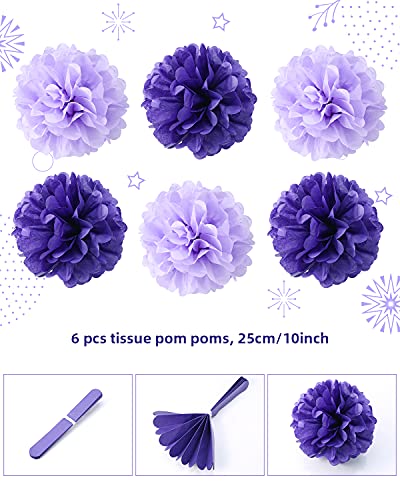 Auihiay 32 Pieces Purple Party Decoration Include Paper Fans, Tissue Paper Pom Poms, Circle Dot Garland and Tissue Paper Tassel for Birthday Wedding Baby Shower Bridal Shower Girls Women Party