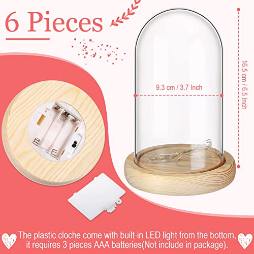 Remerry 6 Pieces Plastic Cloche Dome Plastic Dome Display Case with Rustic Wood Base and LED Fairy Light Jar for Rose Valentine's Day Wedding Tabletop Centerpiece Decoration, 6.5 x 3.7 Inch