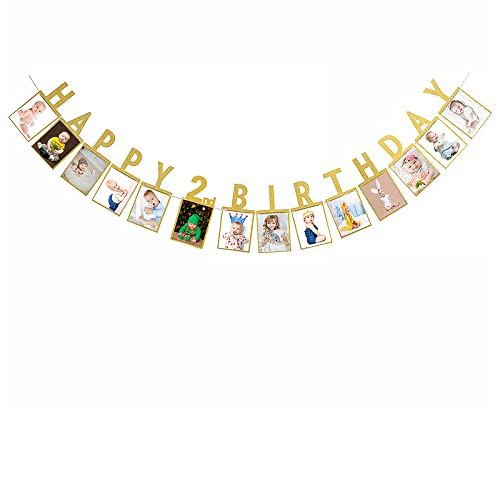 Labakita Happy 2nd Birthday Photo Banner - Baby 2nd Birthday Photo Frame Photo Banner - Baby Boy or Girl's 2nd Birthday Party Decorations Supplies - Two Years Old Birthday Sign (Gold)