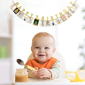 Labakita Happy 2nd Birthday Photo Banner - Baby 2nd Birthday Photo Frame Photo Banner - Baby Boy or Girl's 2nd Birthday Party Decorations Supplies - Two Years Old Birthday Sign (Gold)