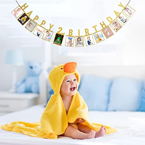 Labakita Happy 2nd Birthday Photo Banner - Baby 2nd Birthday Photo Frame Photo Banner - Baby Boy or Girl's 2nd Birthday Party Decorations Supplies - Two Years Old Birthday Sign (Gold)