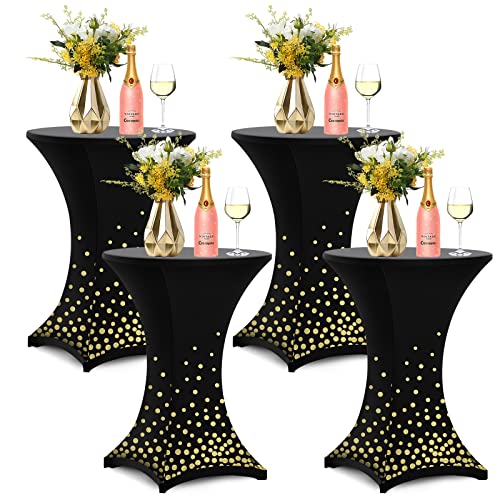 Cocktail Table Covers Highboy Cocktail Table Spandex Covers Gold Dot for Happy New Year, 32 x 43 in Fitted Stretch Cocktail Tablecloth for Round Tables for Wedding, Banquet and Party (Black, 4 Pcs)