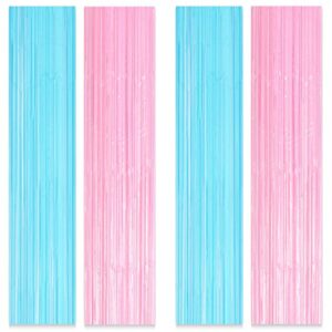 boopati 3.2×6.6 feet pink & blue metallic tinsel foil fringe curtains for baby shower gender reveals party decoration party photo backdrop,4 packs