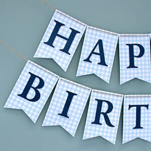 Blue Gingham Happy Birthday Banner, Light Blue and Navy Banner, Checkered Banner