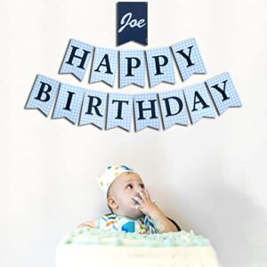 Blue Gingham Happy Birthday Banner, Light Blue and Navy Banner, Checkered Banner