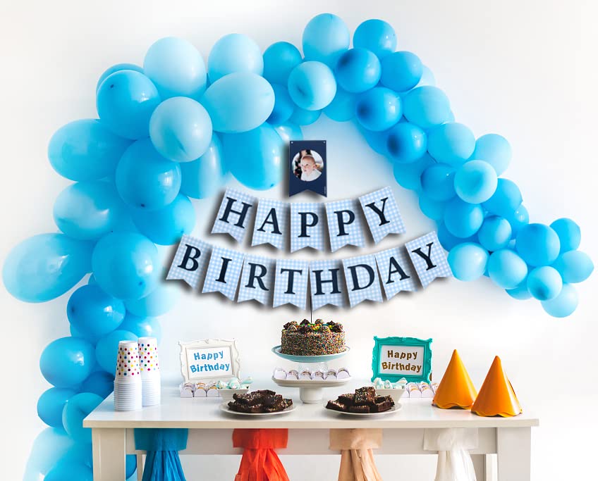 Blue Gingham Happy Birthday Banner, Light Blue and Navy Banner, Checkered Banner