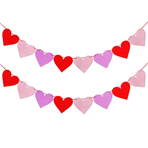 XIANMU 2 Pack Glittery Heart Banner Valentine's Day Banner Garland Heart Decorations for Wedding Anniversary Engagement Bachelorette Home Party Decor Supplies - No DIY Required