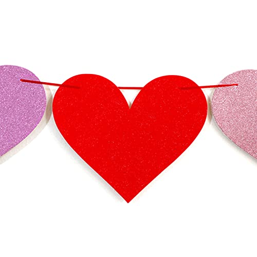 XIANMU 2 Pack Glittery Heart Banner Valentine's Day Banner Garland Heart Decorations for Wedding Anniversary Engagement Bachelorette Home Party Decor Supplies - No DIY Required