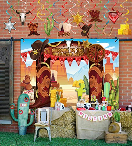 TMCCE Western Cowboy Party Decoration Wild West Cowboy Western Photography Backdrop Background and Western Cowboy Theme Hanging Swirls Foil Swirls