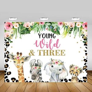 Mocsicka Young Wild and Three Backdrop Girls Safari Theme 3rd Birthday Party Decoration 7x5ft Pink Floral Leopard Photo Background for Birthday Banner (7x5ft (82x60 inch))