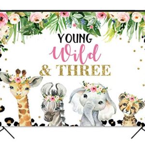 Mocsicka Young Wild and Three Backdrop Girls Safari Theme 3rd Birthday Party Decoration 7x5ft Pink Floral Leopard Photo Background for Birthday Banner (7x5ft (82x60 inch))