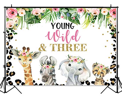 Mocsicka Young Wild and Three Backdrop Girls Safari Theme 3rd Birthday Party Decoration 7x5ft Pink Floral Leopard Photo Background for Birthday Banner (7x5ft (82x60 inch))