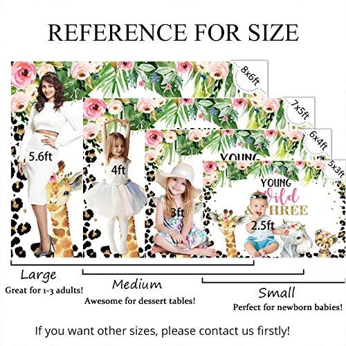 Mocsicka Young Wild and Three Backdrop Girls Safari Theme 3rd Birthday Party Decoration 7x5ft Pink Floral Leopard Photo Background for Birthday Banner (7x5ft (82x60 inch))