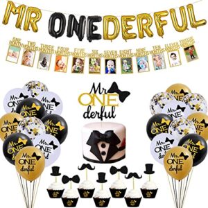 mr onederful 1st birthday decorations kit – wonderful cake cupcake topper, onederful balloons, first birthday photo banner for little man/bow tie 1st birthday boy baby shower party supplies decor