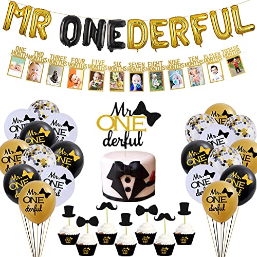 Mr Onederful 1st Birthday Decorations Kit - Wonderful Cake Cupcake Topper, Onederful Balloons, First Birthday Photo Banner for Little Man/Bow Tie 1st Birthday Boy Baby Shower Party Supplies Decor