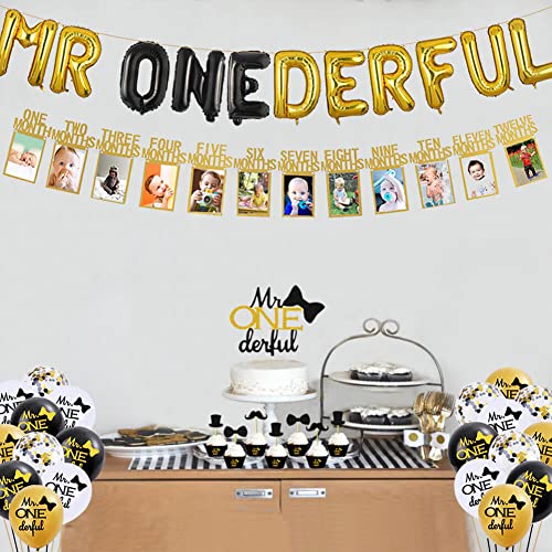 Mr Onederful 1st Birthday Decorations Kit - Wonderful Cake Cupcake Topper, Onederful Balloons, First Birthday Photo Banner for Little Man/Bow Tie 1st Birthday Boy Baby Shower Party Supplies Decor